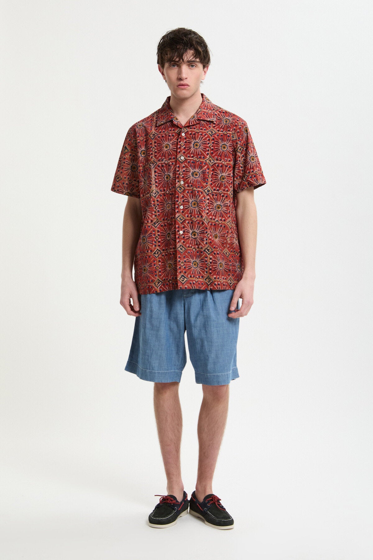 Open Collar Block Print Flower Red by Beamsplus | Men | WP Store